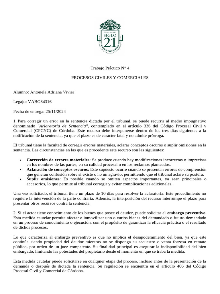 TP 4 - Antonela Vivier Derecho Procesal 2 | PDF | Demanda judicial | Apelación