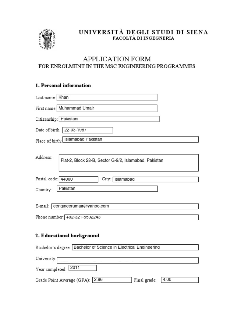 MSc Engineering Application Form | PDF