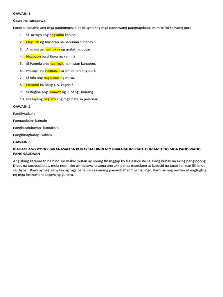 Gawaing Isasagawa Pandiwang Pangnagdaan | PDF