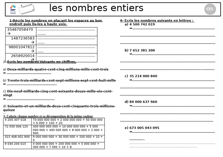 Serie 1 Les Nombres Entiers | PDF