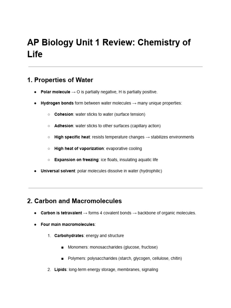 Ap bio unit 1 review pdf | PDF | Enzyme | Biochemistry