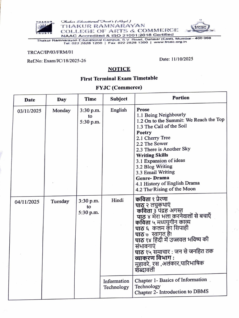 FYJC Commerce Exam Timetable 2025-26 | PDF | Economies