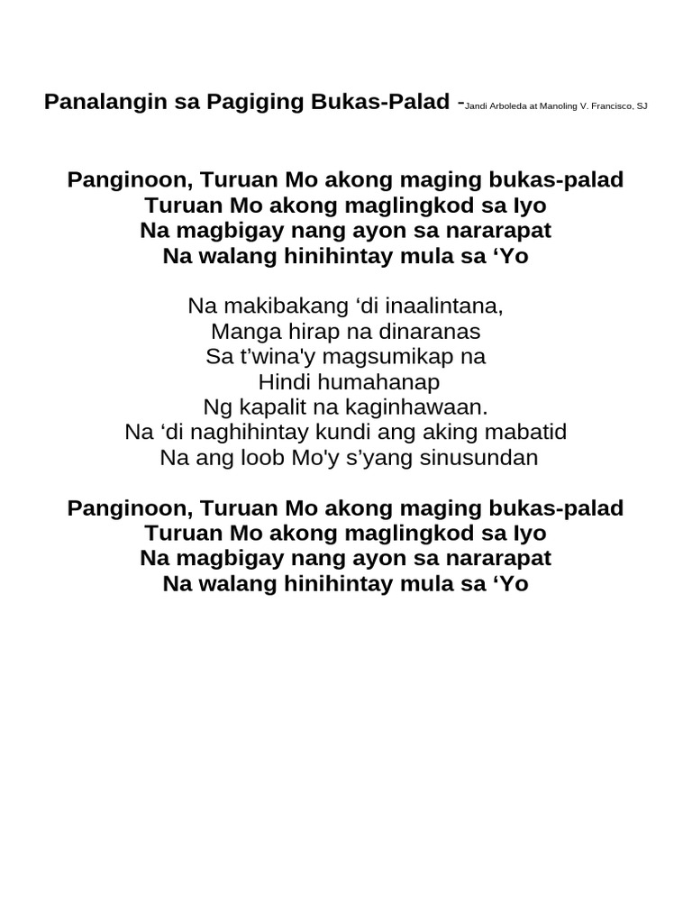 Panalangin Sa Pagiging Bukas Palad Jandi Arboleda at Manoling v ...