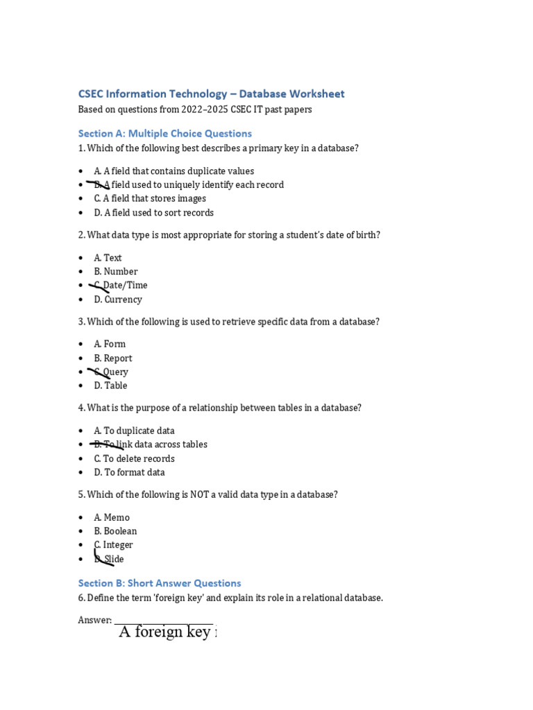 CSEC IT Database Worksheet Guide | PDF | Databases | Data Type