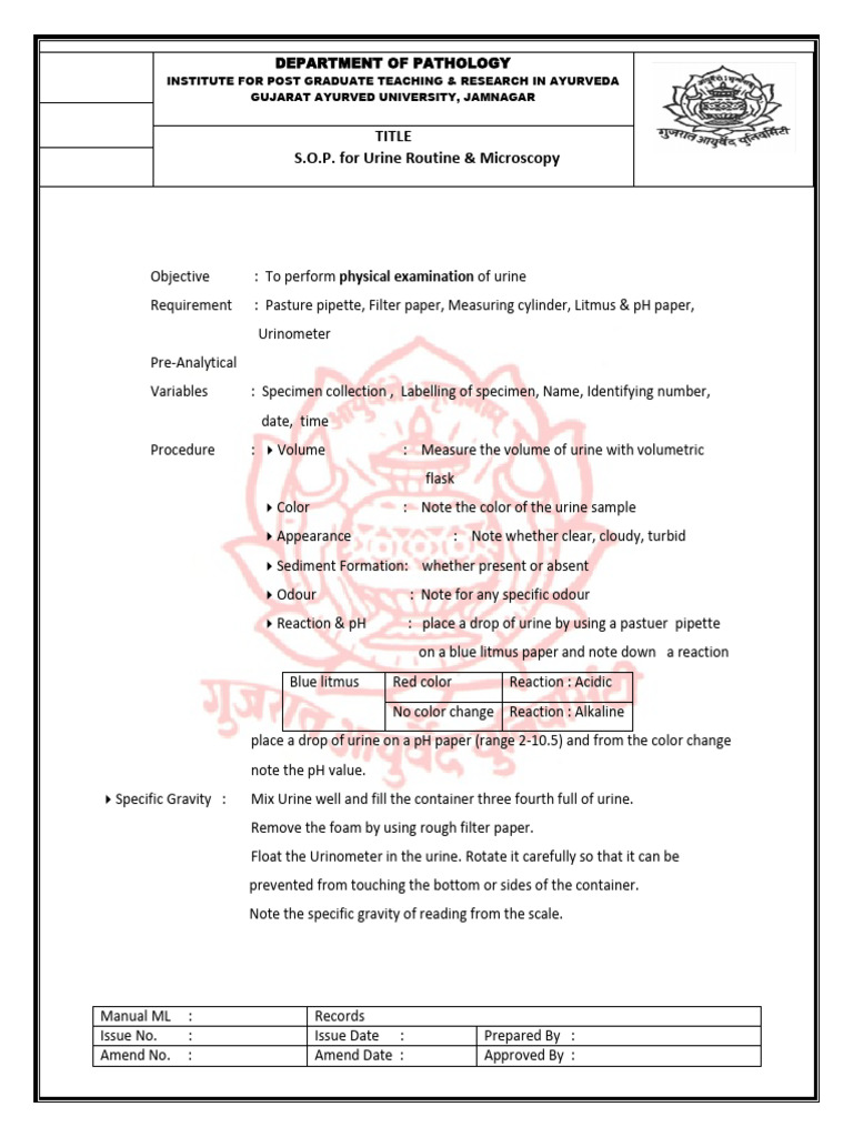 Sop of Urine Routine & Microscopic Examination | PDF | Microscopy | Urine