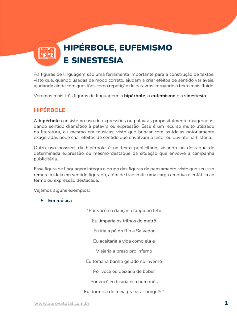 Figuras de Linguagem: Hipérbole, Eufemismo e Sinestesia | PDF | Publicidade