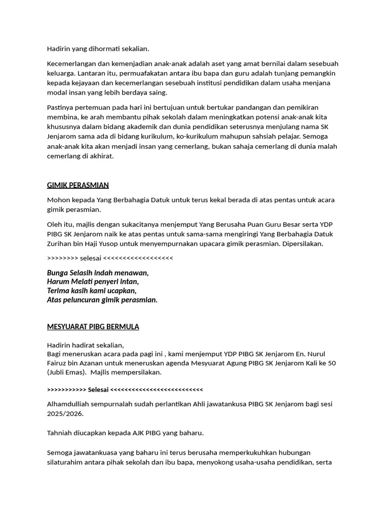 Gimik Perasmian dan Mesyuarat PIBG SKJ | PDF