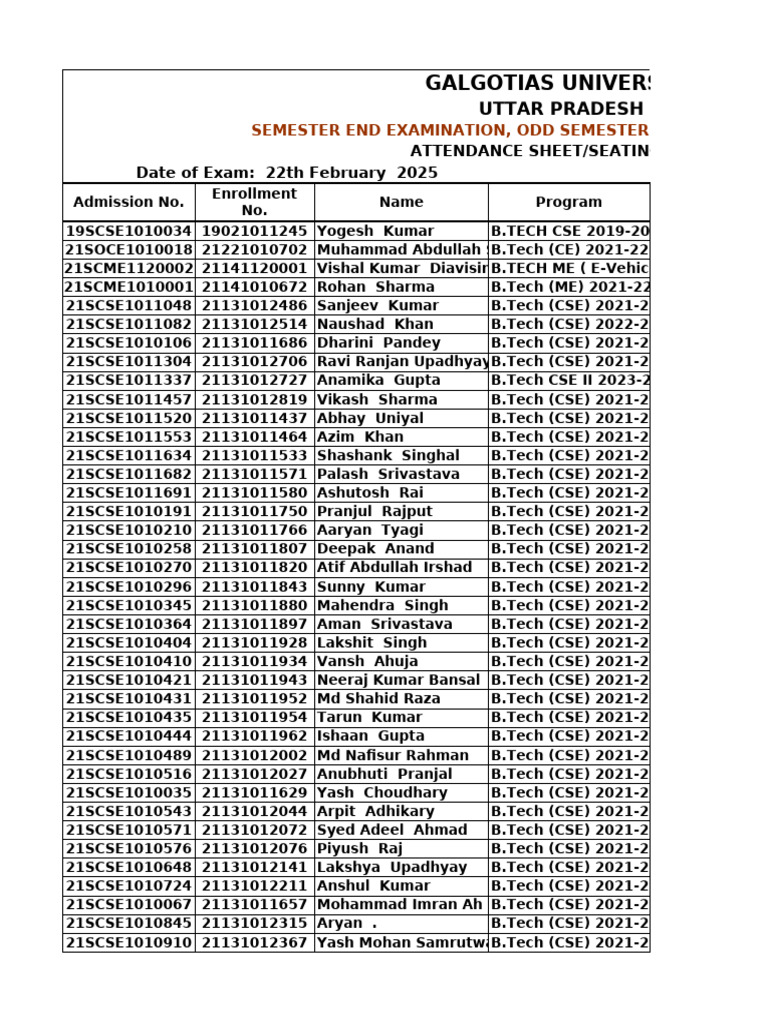 22february 2025 (Morning Shift, Evening Shfit) Seating Plan | PDF