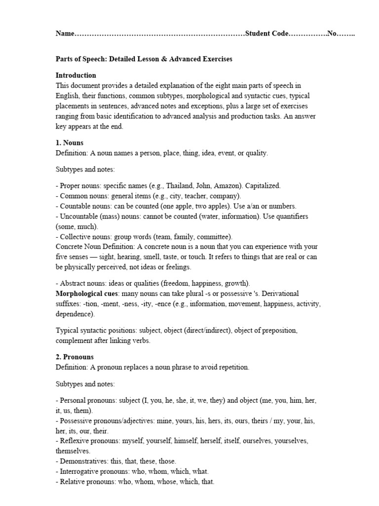 Parts of Speech: Lessons & Exercises | PDF | Verb | Pronoun