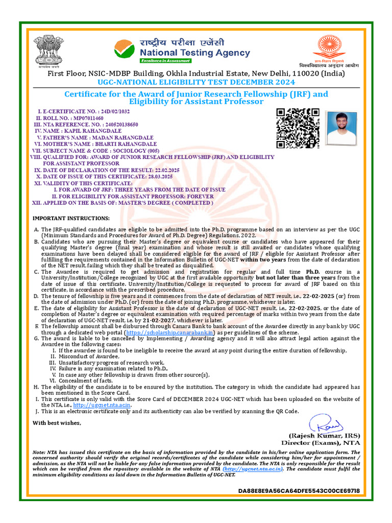 Jrf Certificate | PDF | Doctor Of Philosophy