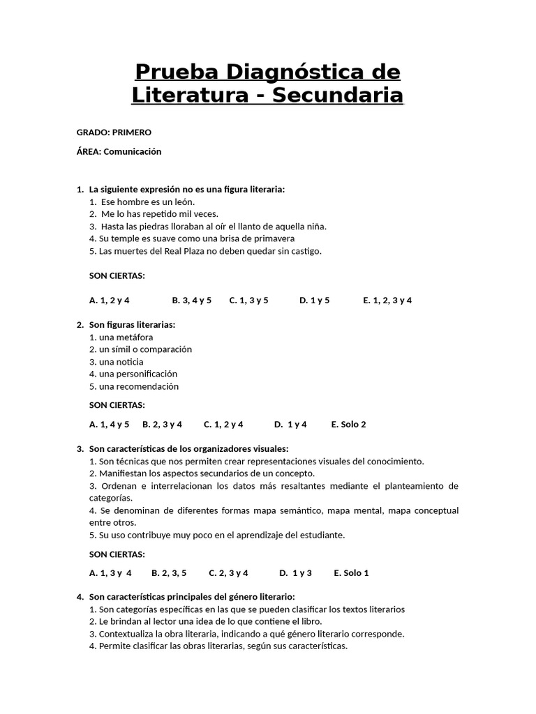 Prueba Diagnóstica de Literatura Secundaria | PDF | Narración | Don Quijote
