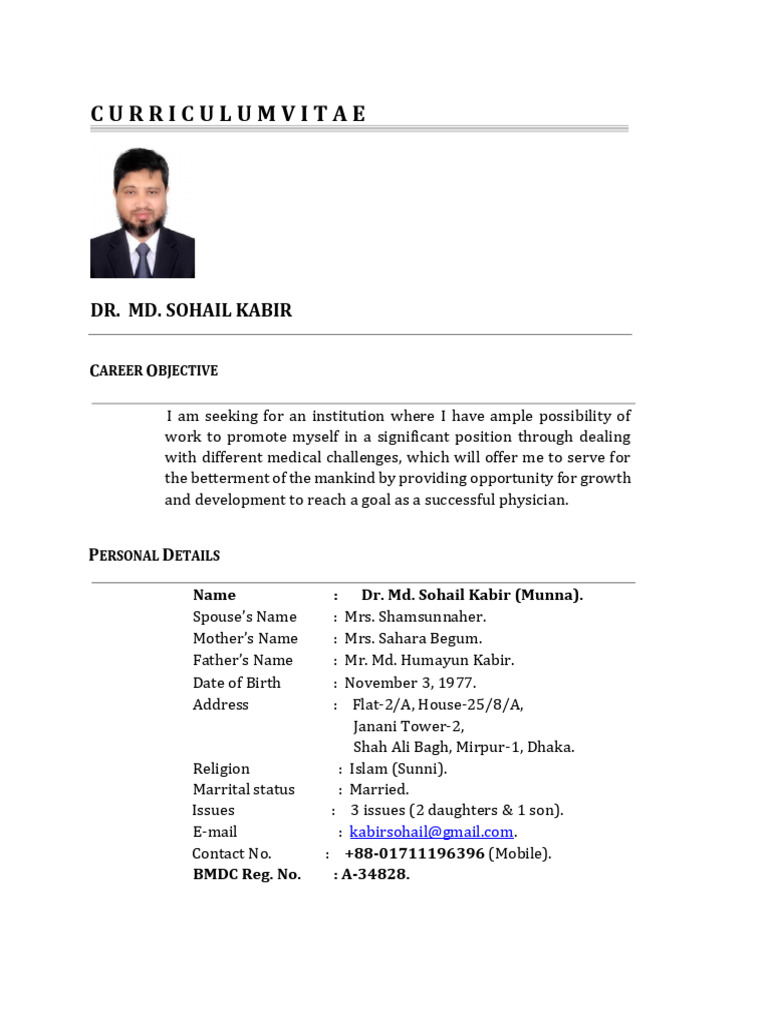 Dr. Sohail Kabir's Medical CV | PDF | Doctor Of Medicine | Intensive ...