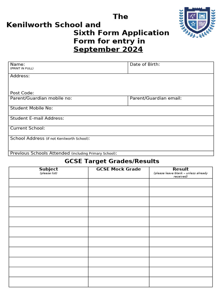 Kenilworth Sixth Form Application Form 2024 Updated | PDF