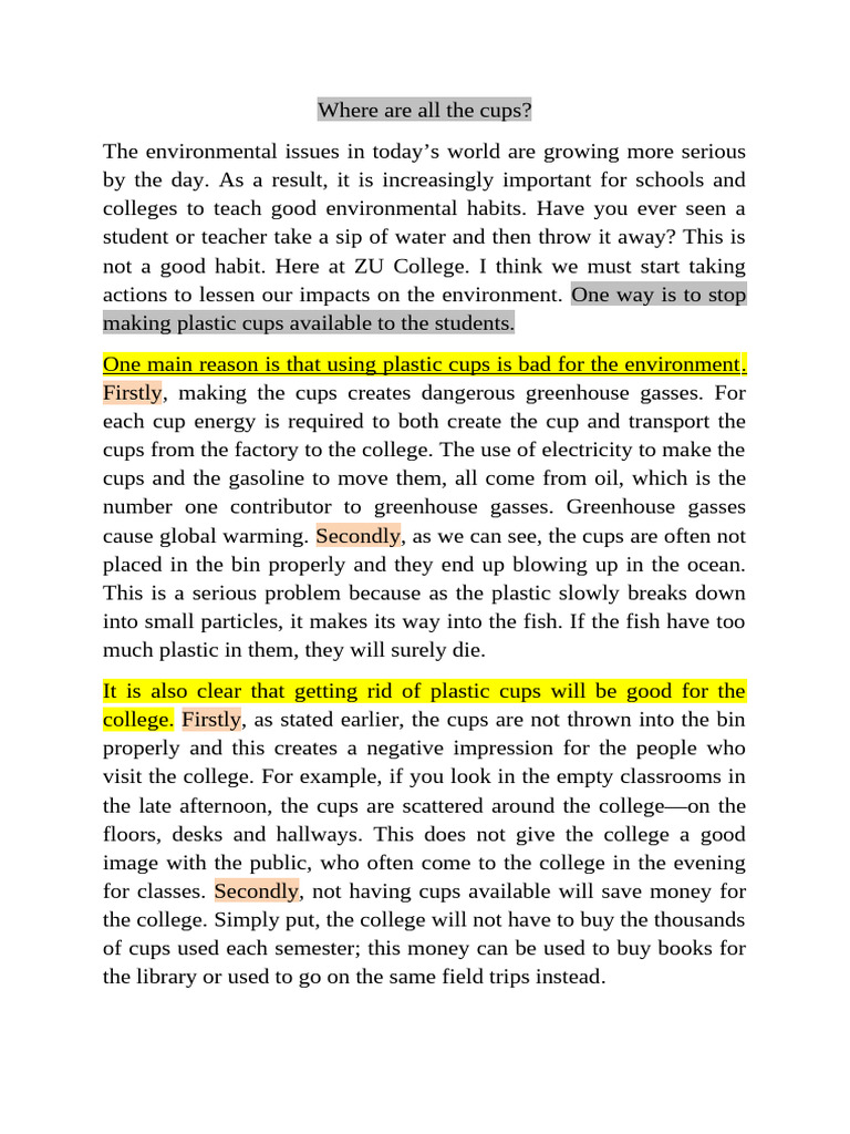 Argumentative Essay - Plastic Cups | PDF | Natural Environment | Nature