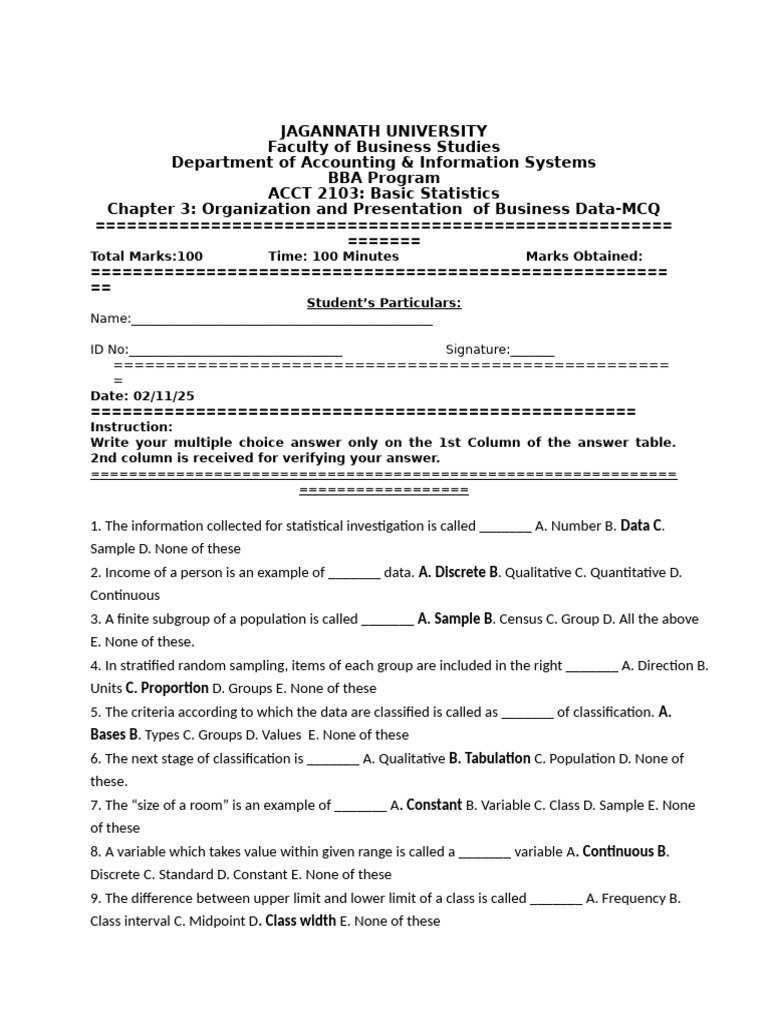 Chapter 3 Organization and Presentation of Business Data-MCQ | PDF | Survey Methodology ...