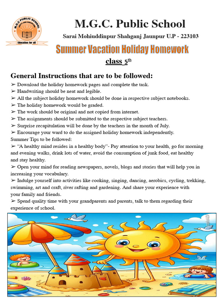 Class 5 Holiday Homework Guidelines | PDF | Homework