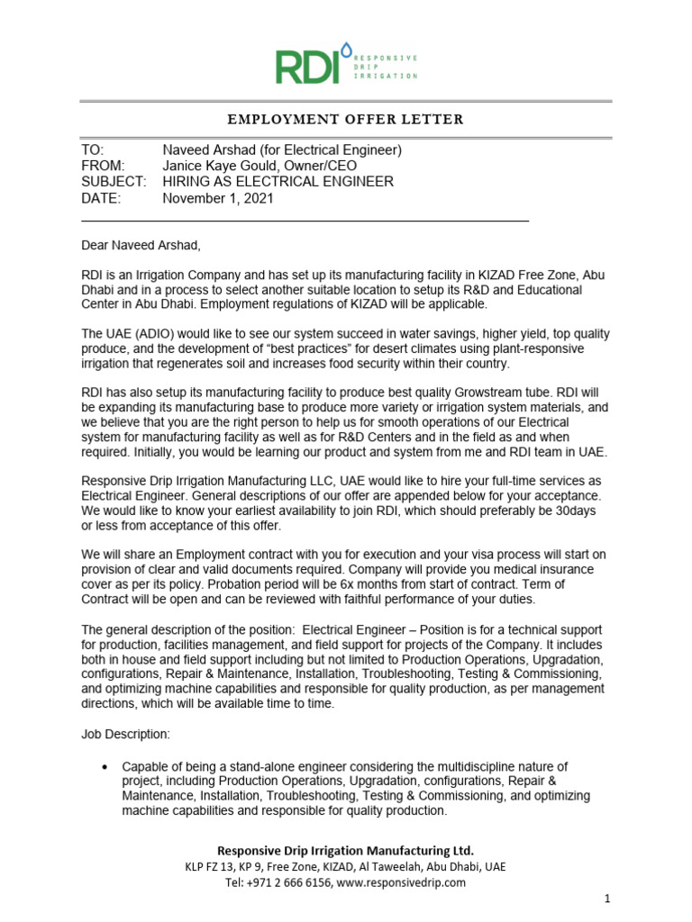 Naveed Arshad Offer Letter Electrical Engineer | PDF | United Arab ...