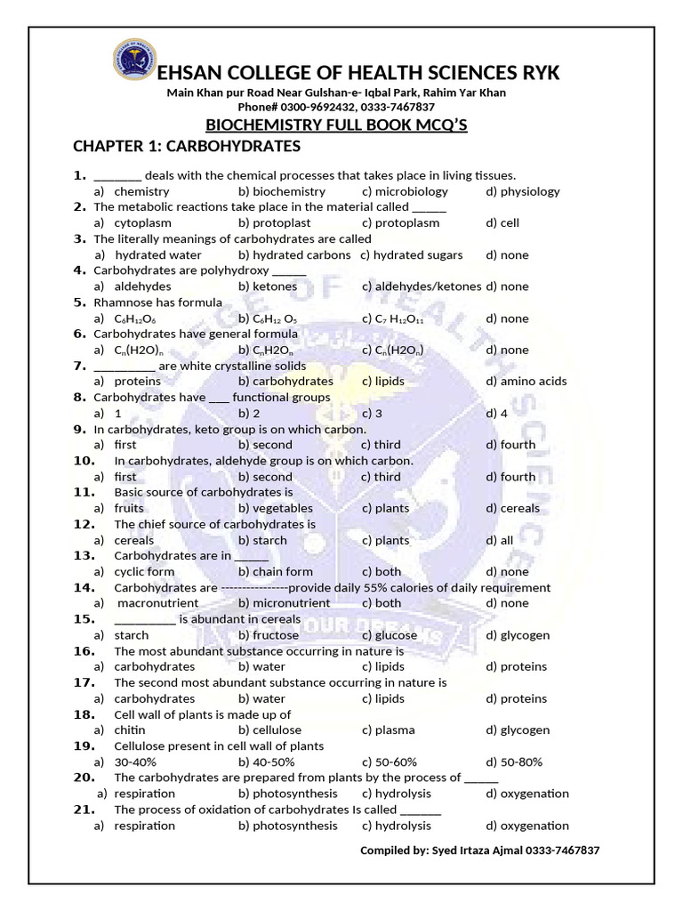 Biochemistry Full Book Mcqs With Answer Keys & Imp. Questions | PDF ...