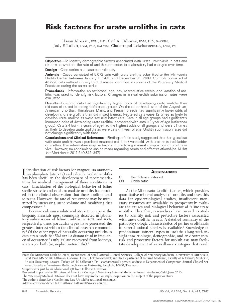 Albasan 2012 - Risk Factors For Urate Uroliths in Cats | PDF | Cats ...