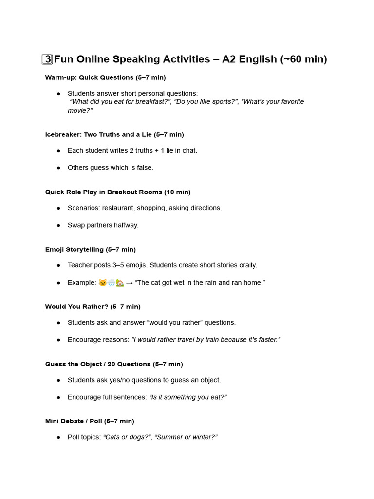 Engaging A2 Online Speaking Activities | PDF