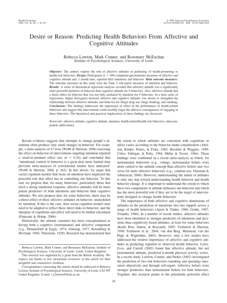 Desire or Reason Predicting Health Behaviors From Affective and ...