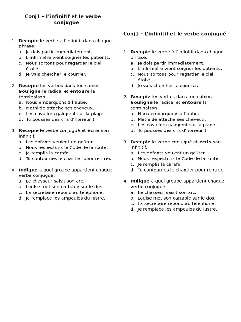 Exercices sur l'infinitif et le verbe | PDF