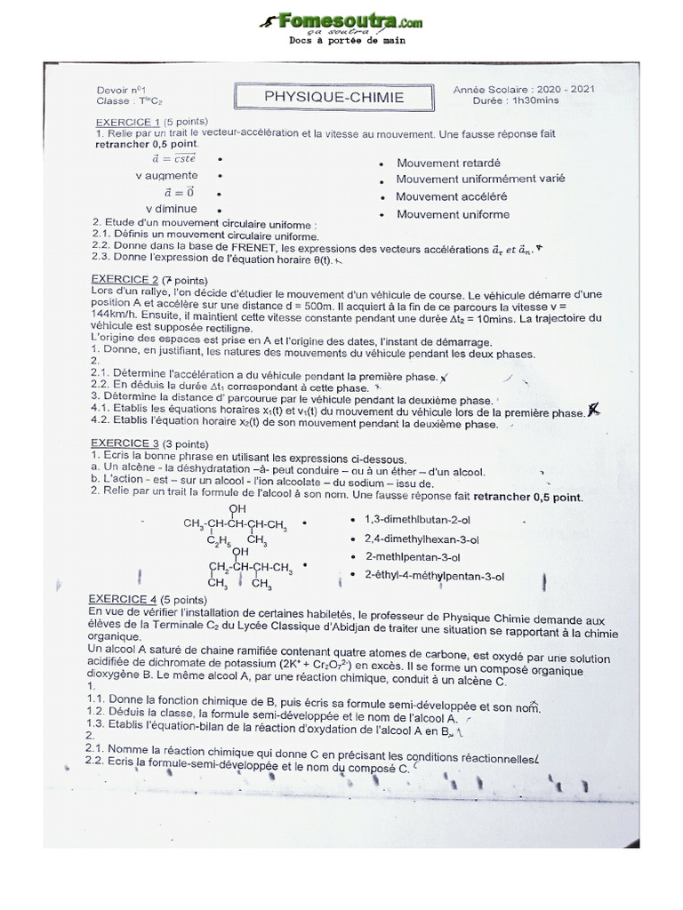 612bcb11d4708devoir 3 de Physique Chimie Niveau Terminale c Lyc | PDF