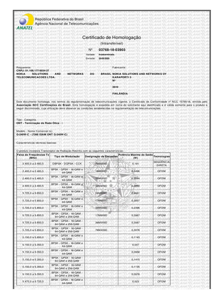 ONU_NOKIA_G-240W-C_ANATEL | PDF | Hertz | Telecomunicações