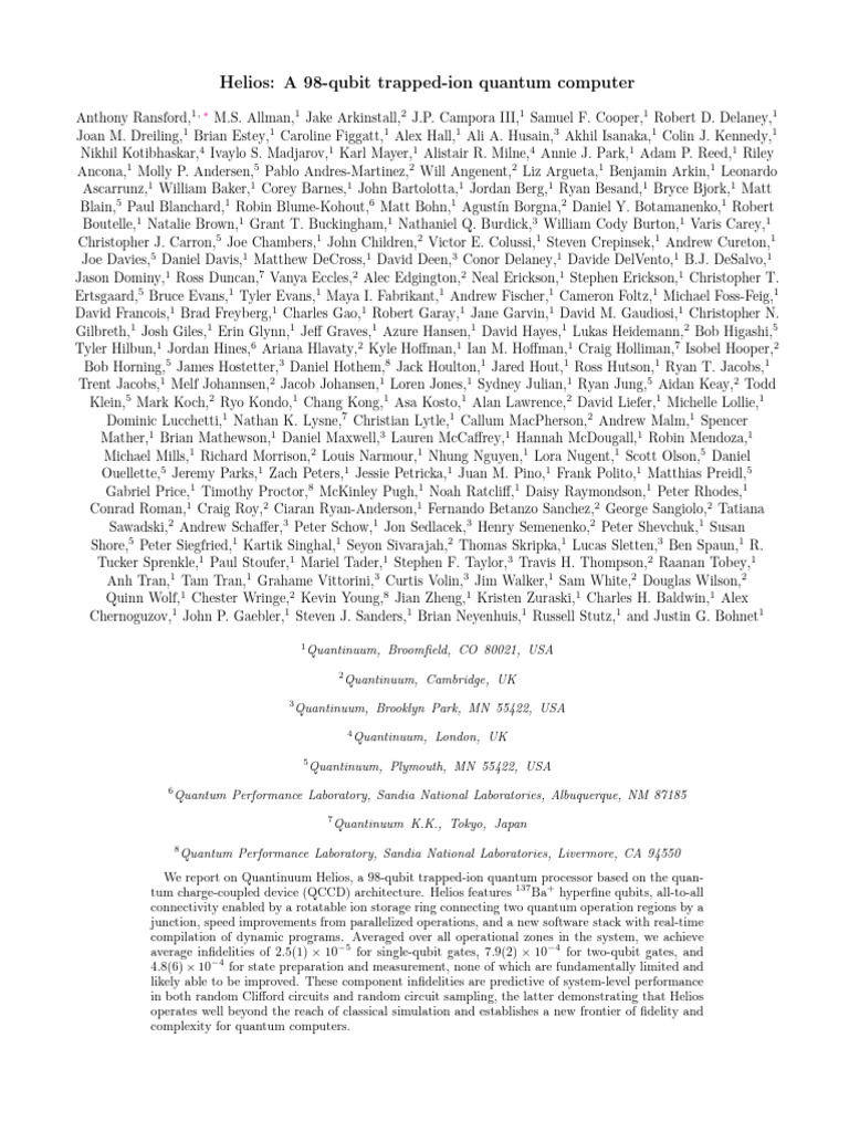 Quantinuum, Nov. (2025) - Helios A 98-Qubit Trapped-Ion Quantum Computer | PDF | Quantum ...