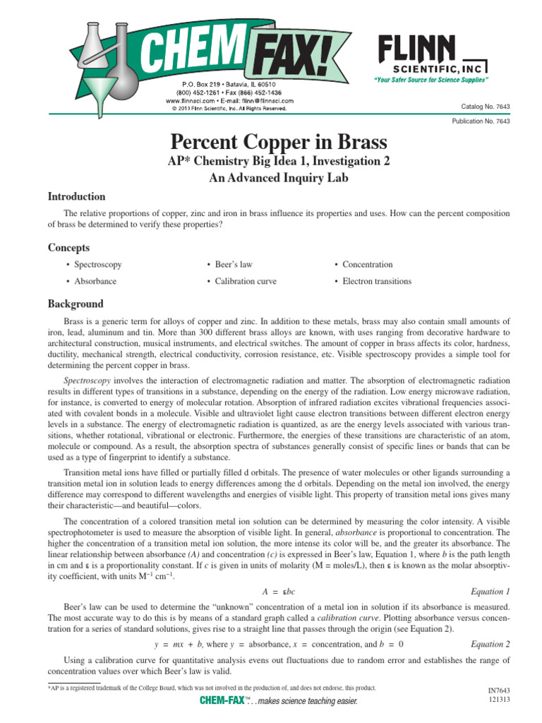 450.0l.percent Copper in Brass FlinnSci | PDF | Absorption Spectroscopy ...