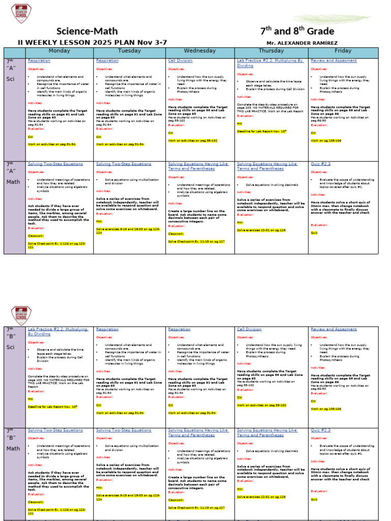 II-WEEKLY 2025 LESSON PLAN SEPT Nov 3-7 | PDF | Life | Mathematics