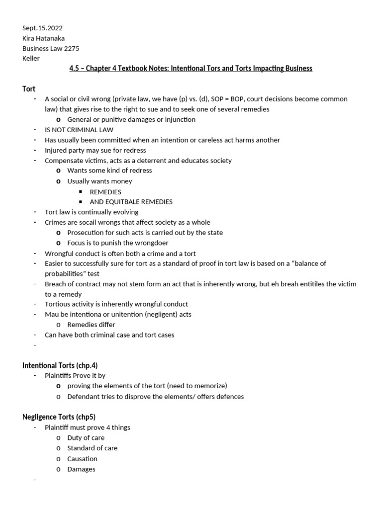 4.5 - Chapter 4 Lesson Notes Intentional Tors and Torts Impacting ...