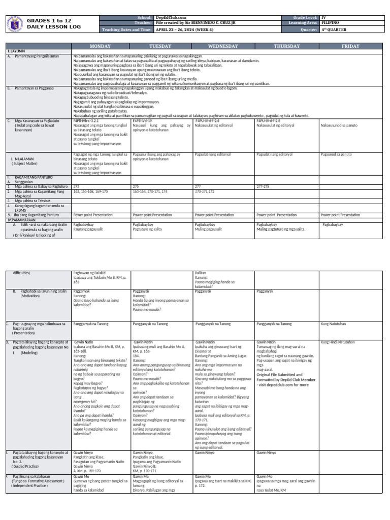 Dll Filipino 4 q4 w4 | PDF