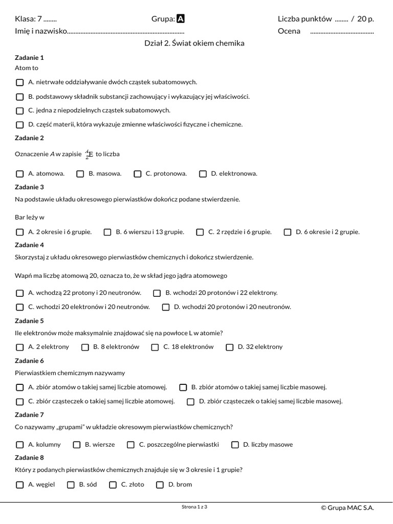 Dział 2. Świat Okiem Chemika - Arkusz Sprawdzianu | PDF