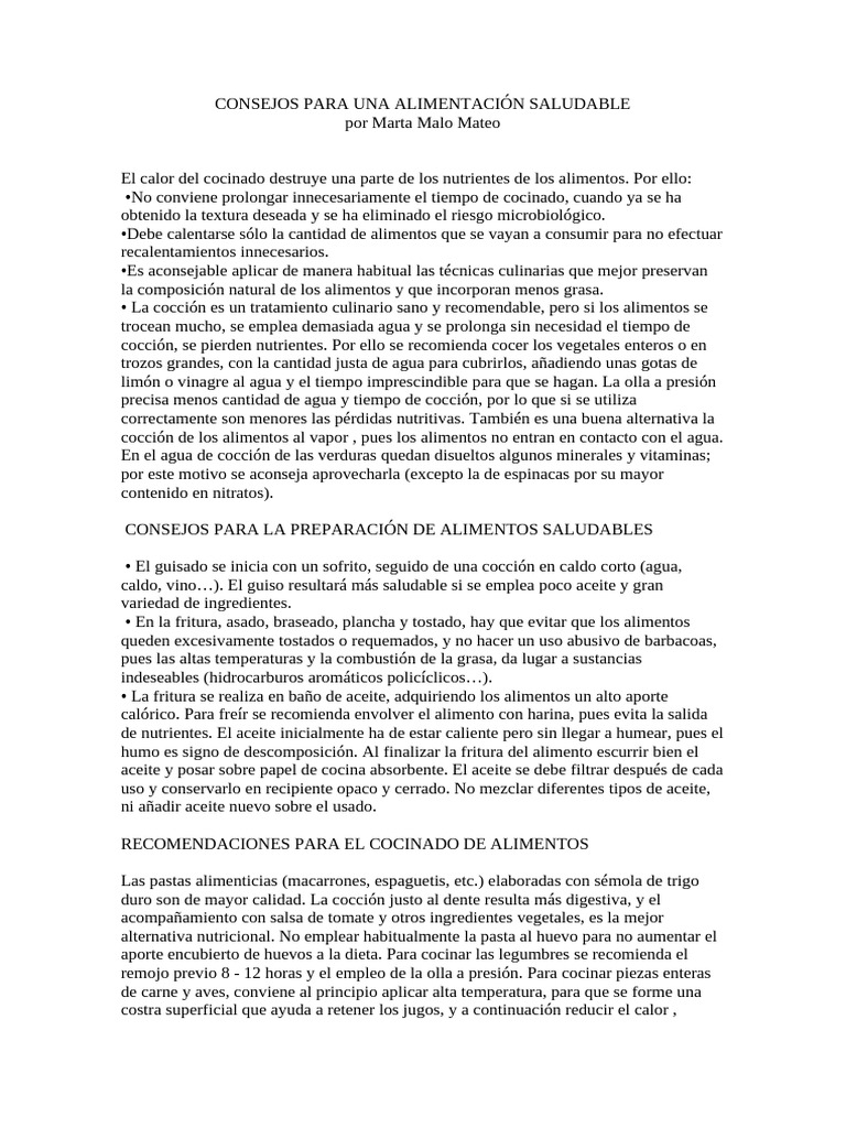 Consejos para Una Alimentación Saludable | PDF | Alimentos | Cocinando