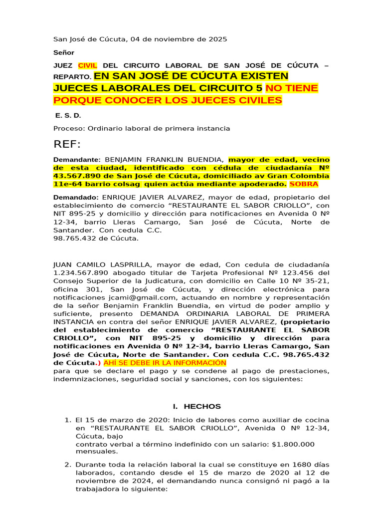 Demanda de Laboral - Gabriel, Franklin y Jheyson | PDF | Salario | Derecho laboral
