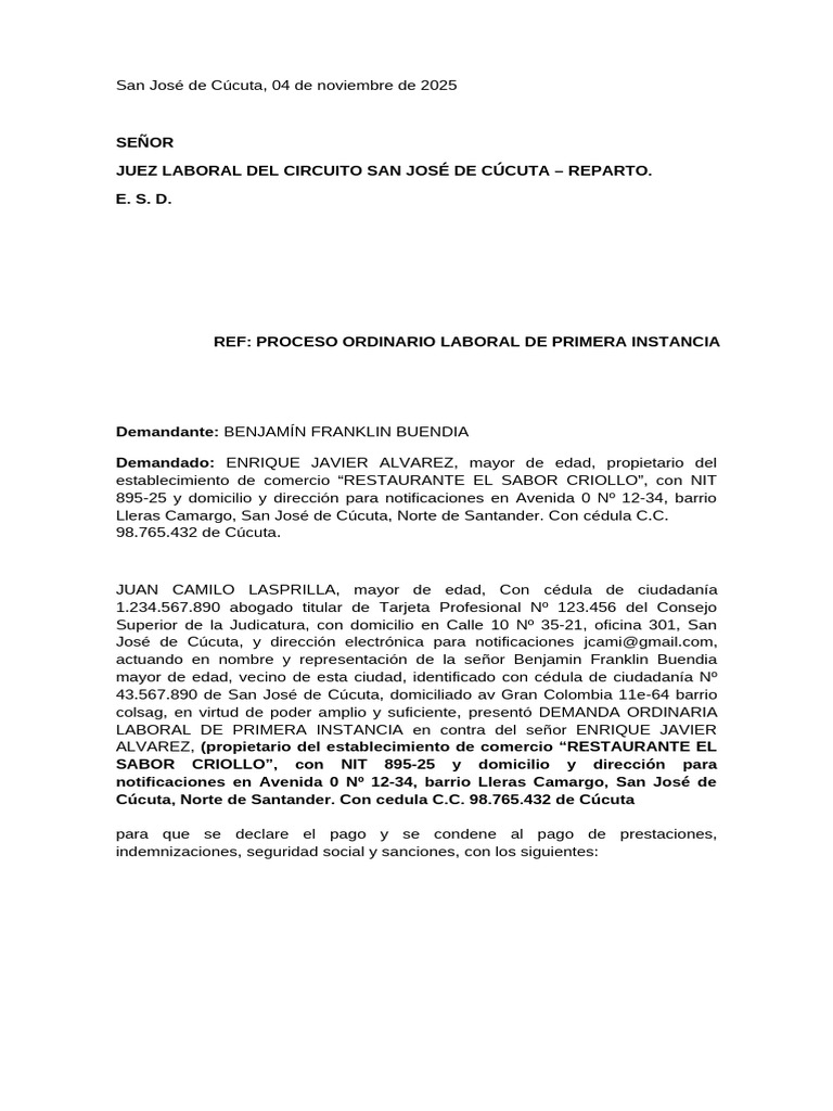Demanda de Laboral - Gabriel, Franklin y Jheyson | PDF | Salario | Derecho laboral