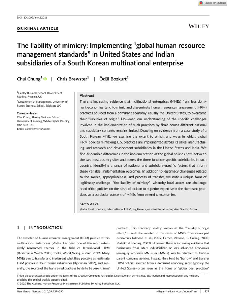 Human Resource Management - 2020 - Chung - The Liability of Mimicry Implementing Global Human ...