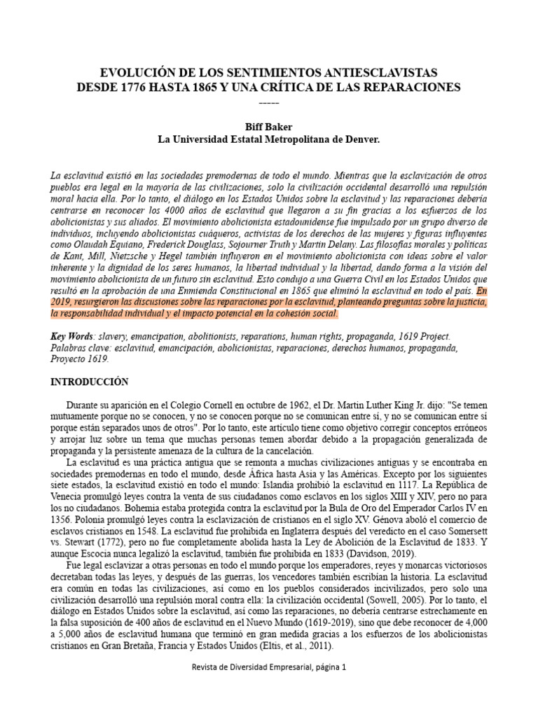 Baker Biff 2024 Evolución de Los Sentimientos Antiesclavistas Crítica A Las Reparaciones | PDF ...