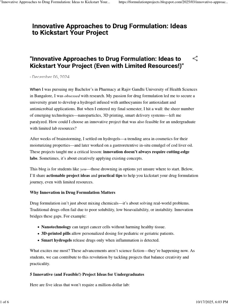 Innovative Drug Formulation Ideas for Students | PDF | Pharmaceutical ...