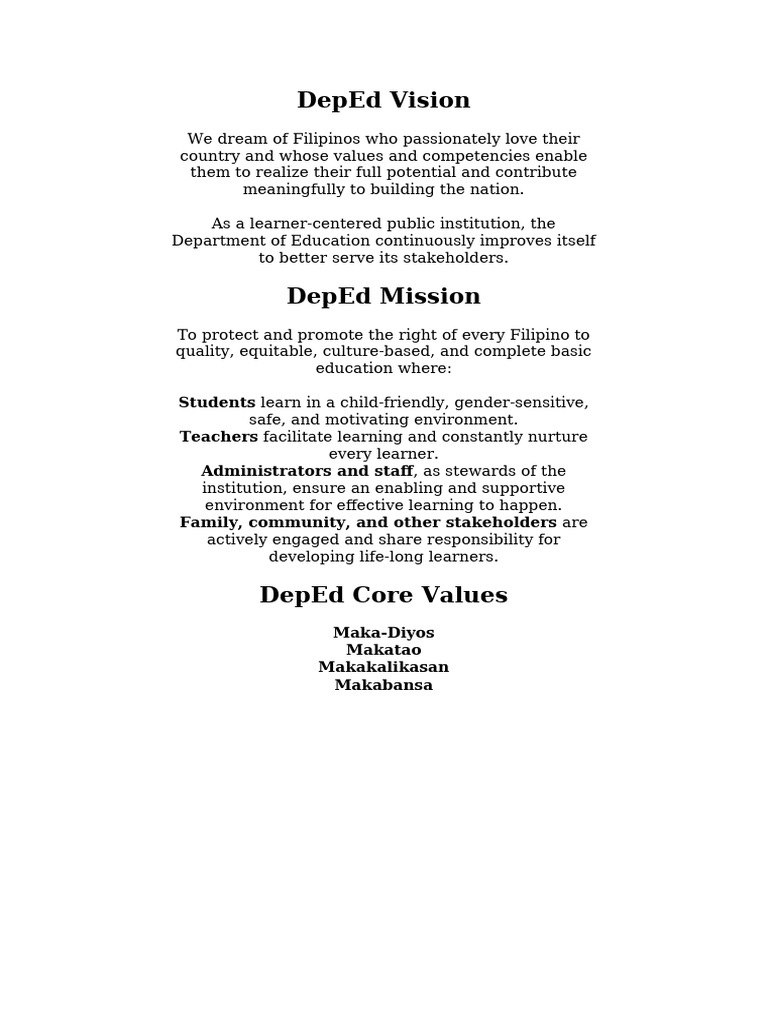 DepEd Vision, Mission, and Values Overview | PDF