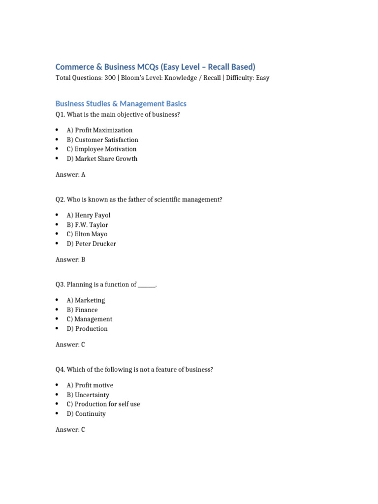 Easy Level Commerce Business MCQs | PDF | Demand | Commerce
