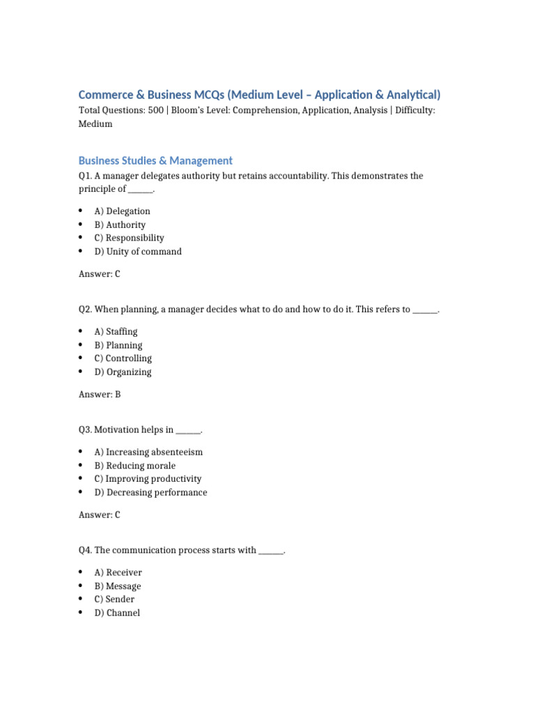 Medium Level Commerce Business MCQs | PDF | Demand | Elasticity (Economics)