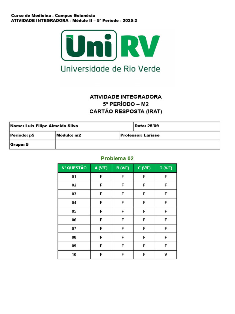 Cópia de 2 Cartão Resposta Probl 02 P5M2 IRAT | PDF