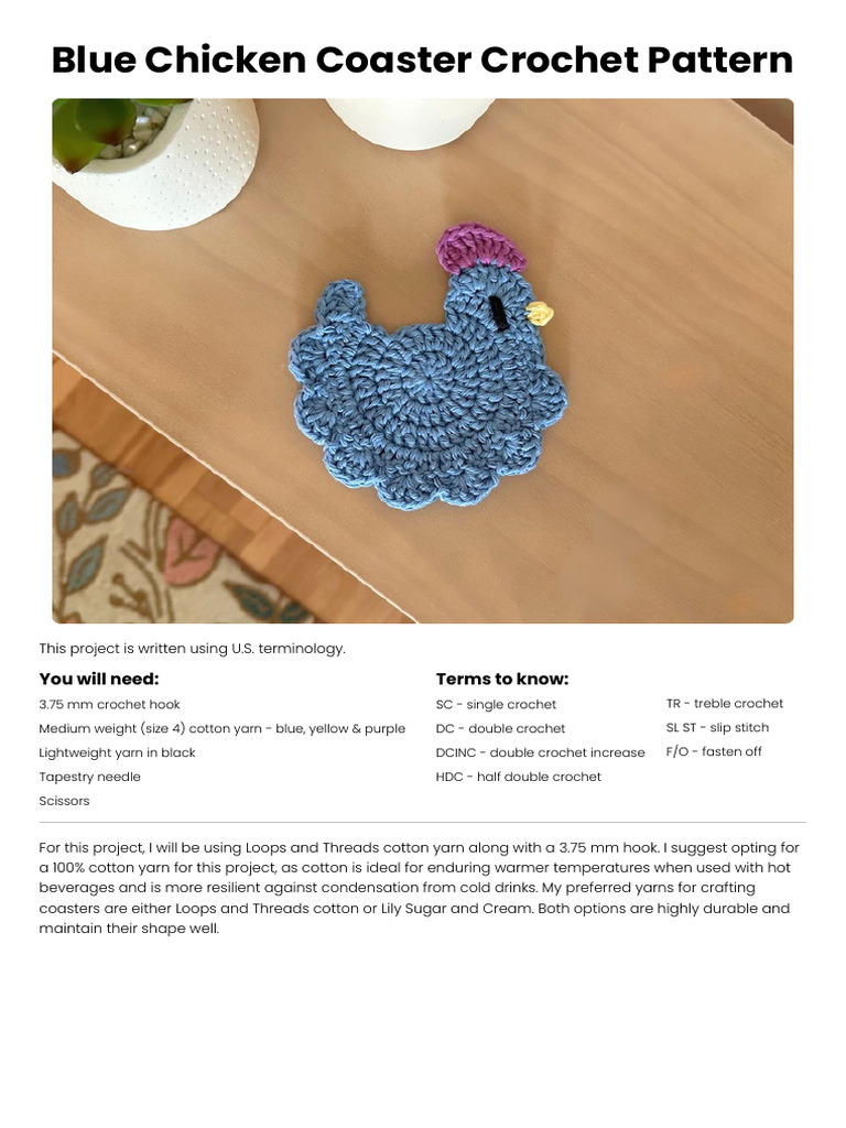 Blue Chicken Coaster Crochet Pattern | PDF | Crochet | Embroidery