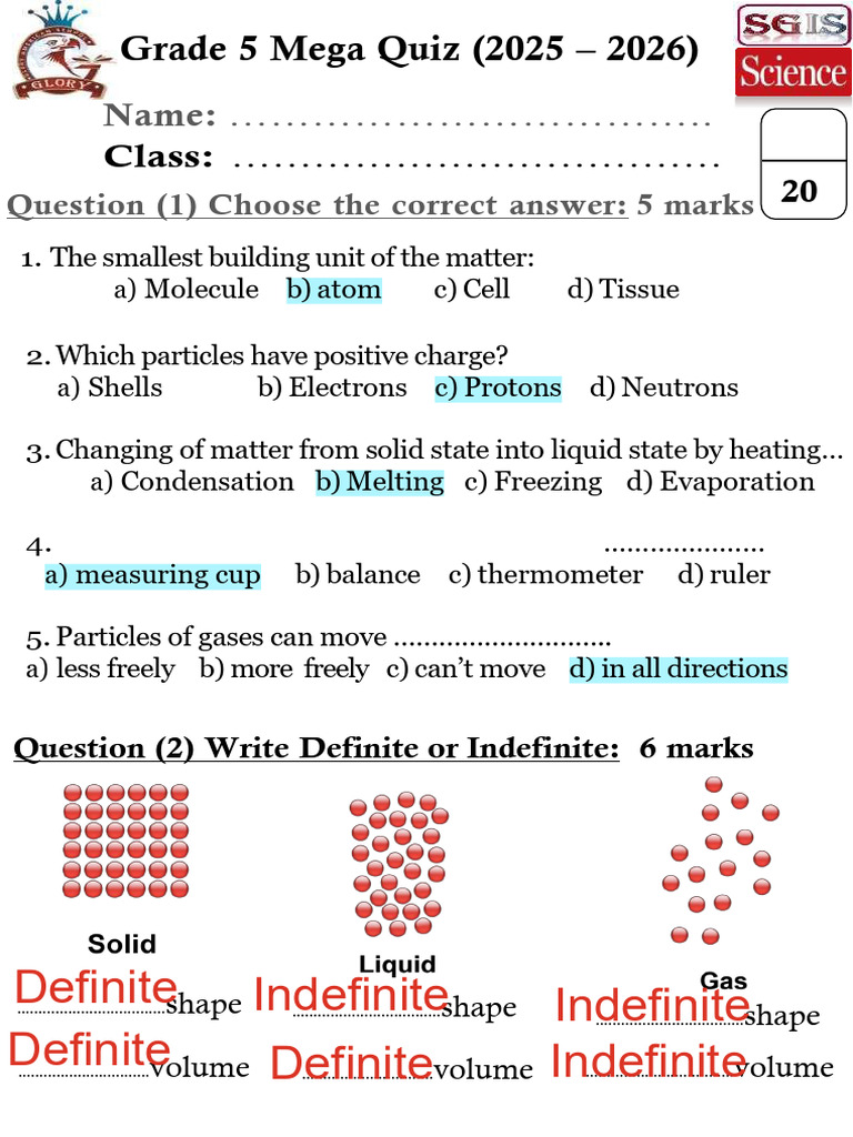 Grade 5 Science Quiz 2025-2026 | PDF | Matter | Atoms