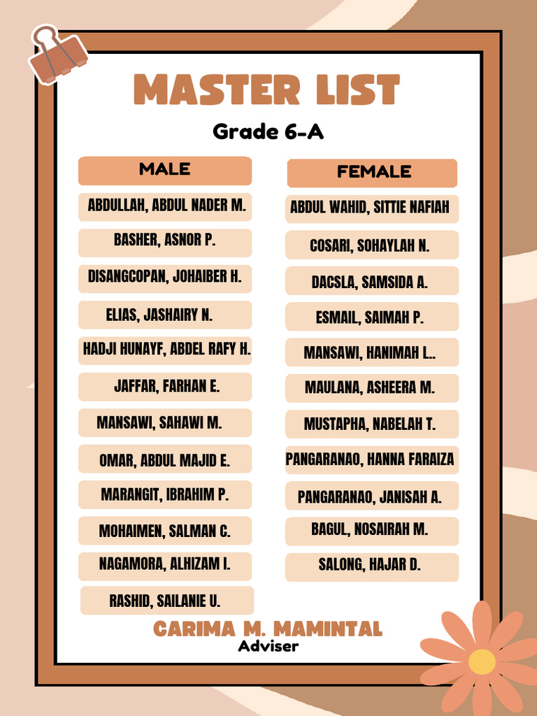 Brown and Black Minimalist Aesthetic Pastel Class List Education A4 ...