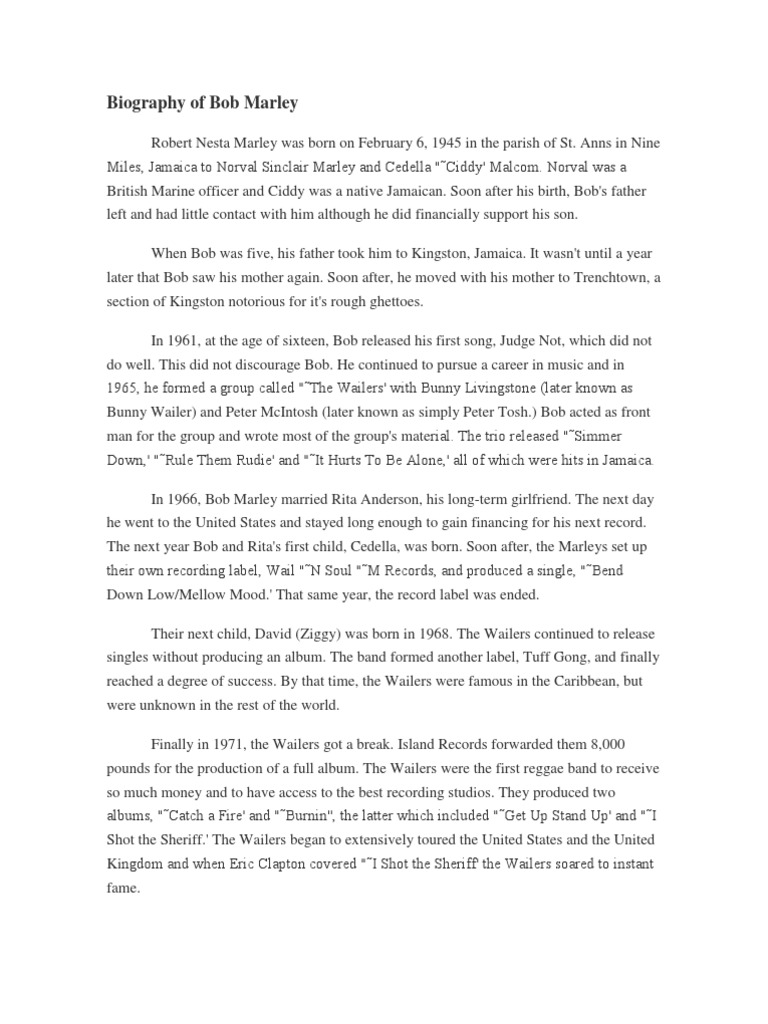 Biography of Bob Marley | PDF | Bob Marley | Reggae