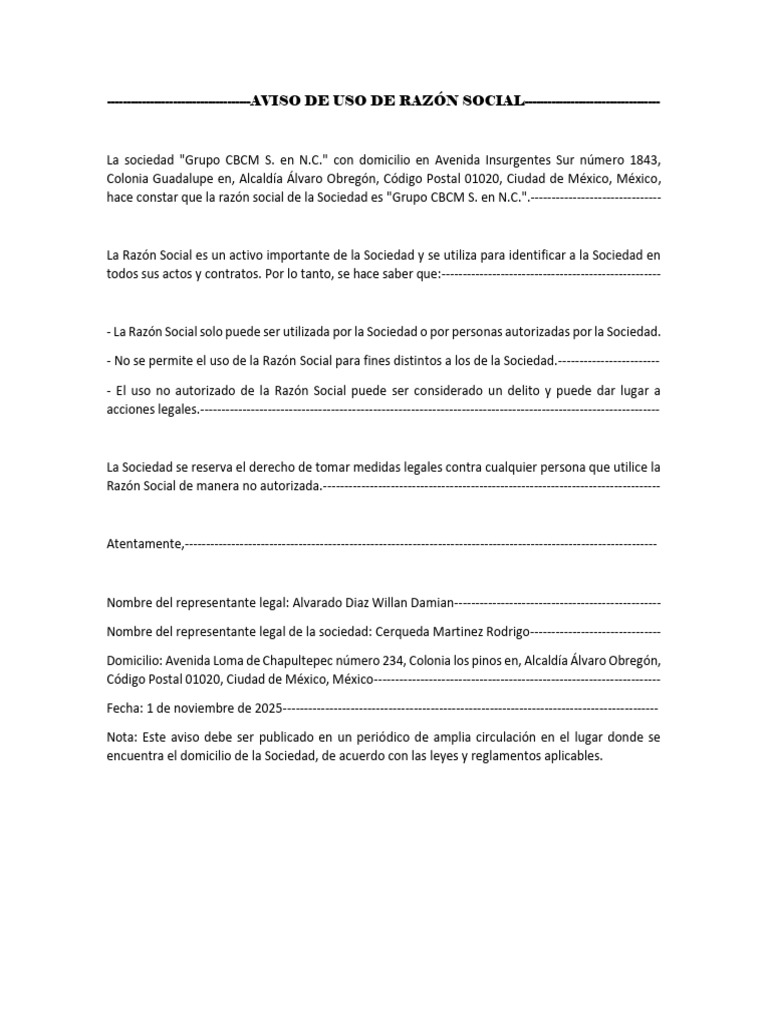 Aviso de Uso de Razón Social | PDF