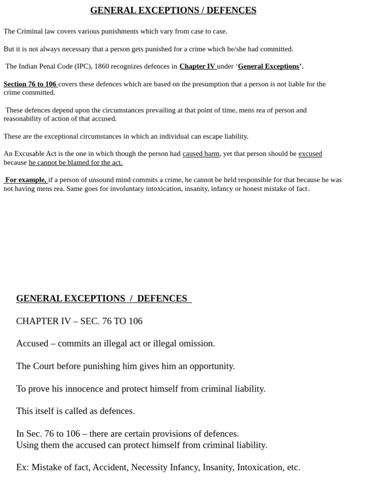 Indian Penal Code: General Exceptions | PDF | Mens Rea | Criminal Law